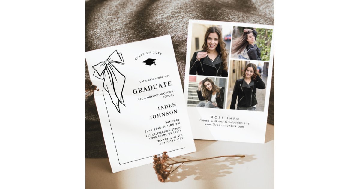 Trendy Black Bow Ribbon 4 PHOTO Graduation Party Invitation | Zazzle
