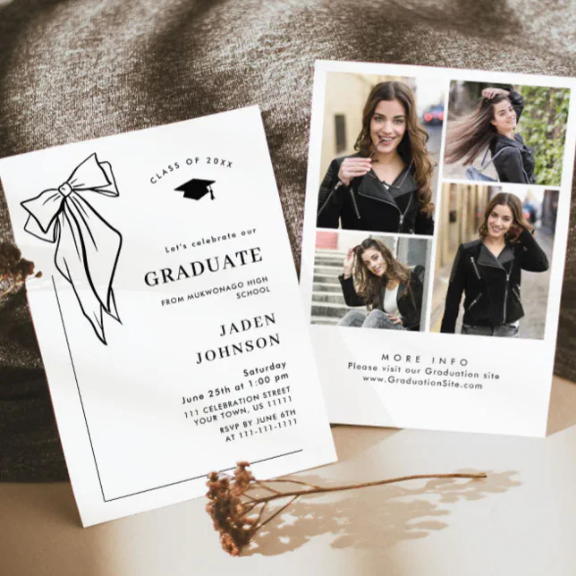 Trendy Black Bow Ribbon 4 PHOTO Graduation Party Invitation | Zazzle