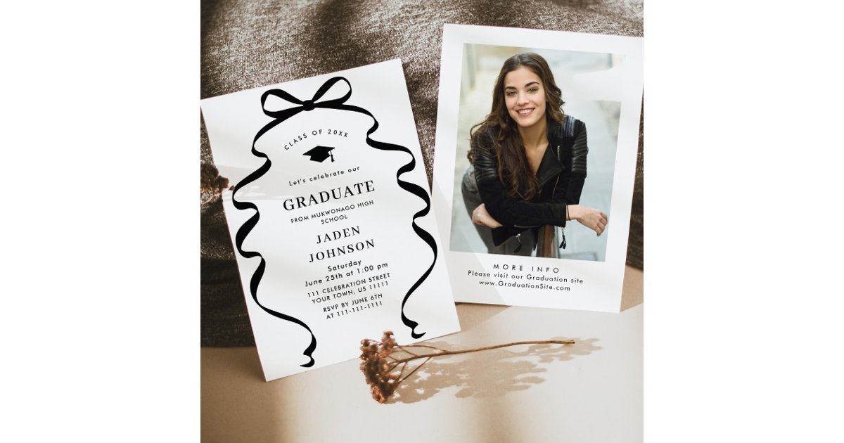 Trendy Black Bow Ribbon PHOTO Graduation Party Invitation | Zazzle