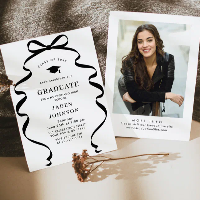 Trendy Black Bow Ribbon PHOTO Graduation Party Invitation | Zazzle