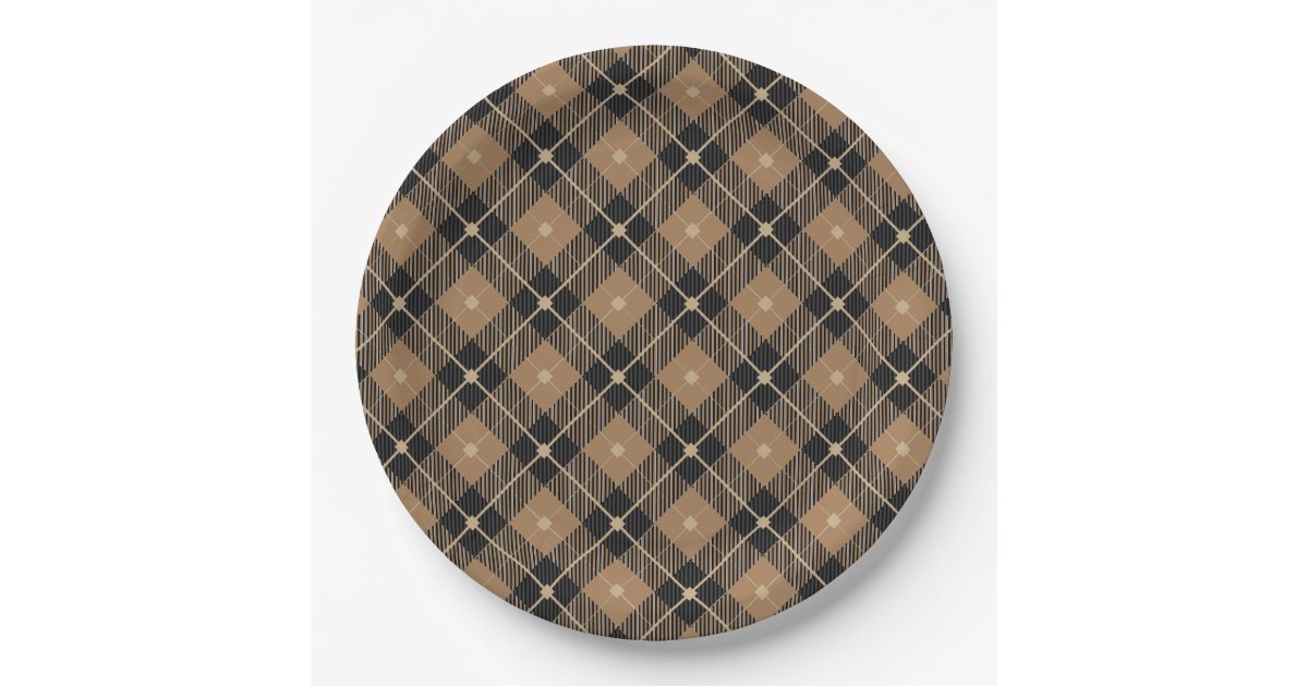 Trendy Black Brown Plaid Pattern Paper Plates | Zazzle