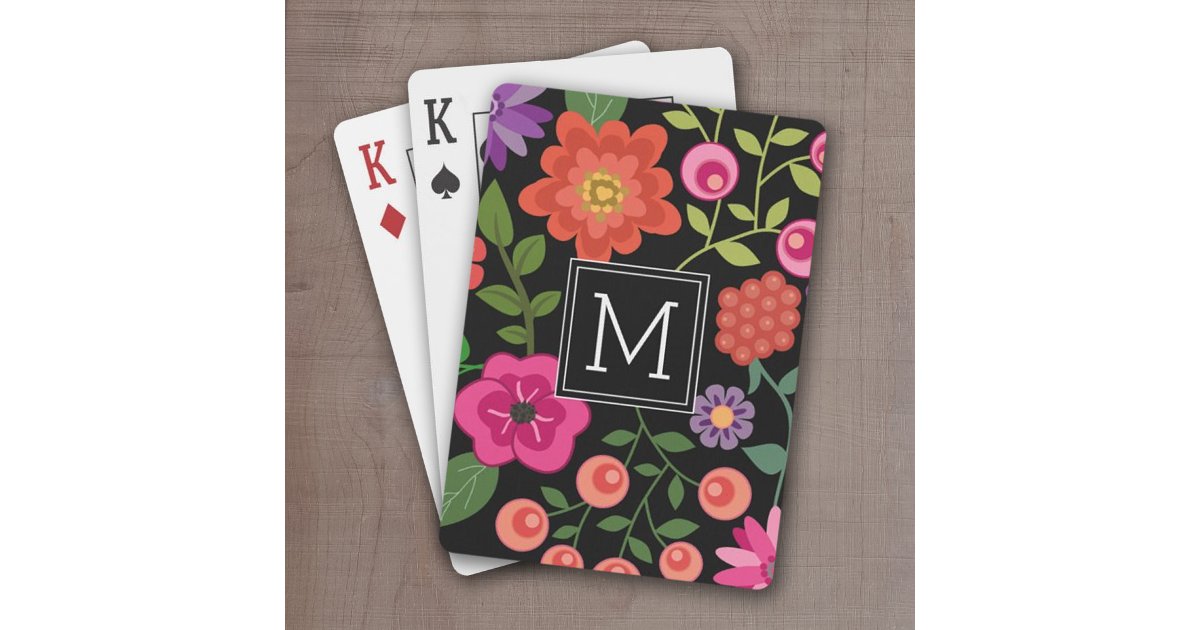 Trendy Black Floral Pattern with Custom Monogram Poker Cards | Zazzle
