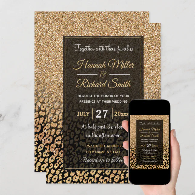 Trendy Black Gold Glitter Leopard Ombre Invitation | Zazzle