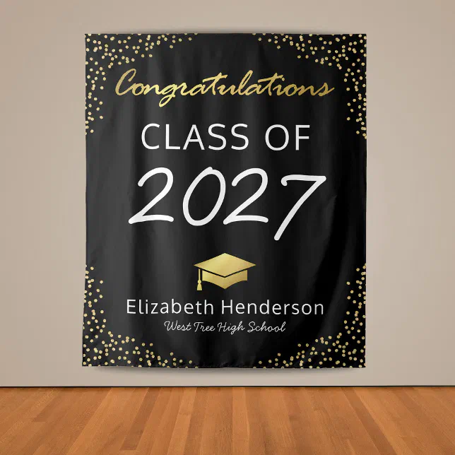 Trendy Black Gold Graduation Party Backdrop | Zazzle