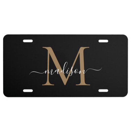 Trendy Black Gold Monogram Girly Feminine Script License Plate | Zazzle