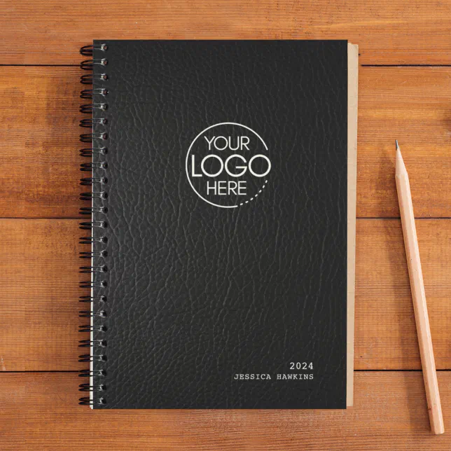 Trendy Black Leather Modern Logo Weekly Planner | Zazzle
