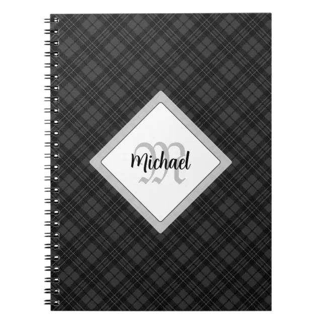 Trendy Black white tartan Personalize Monogram Notebook | Zazzle