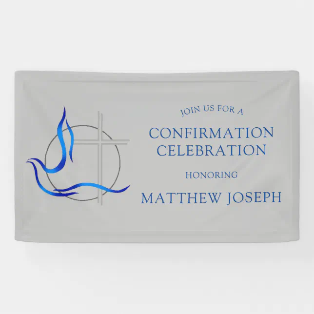 Trendy Blue and Grey Cross Dove Confirmation Banner | Zazzle