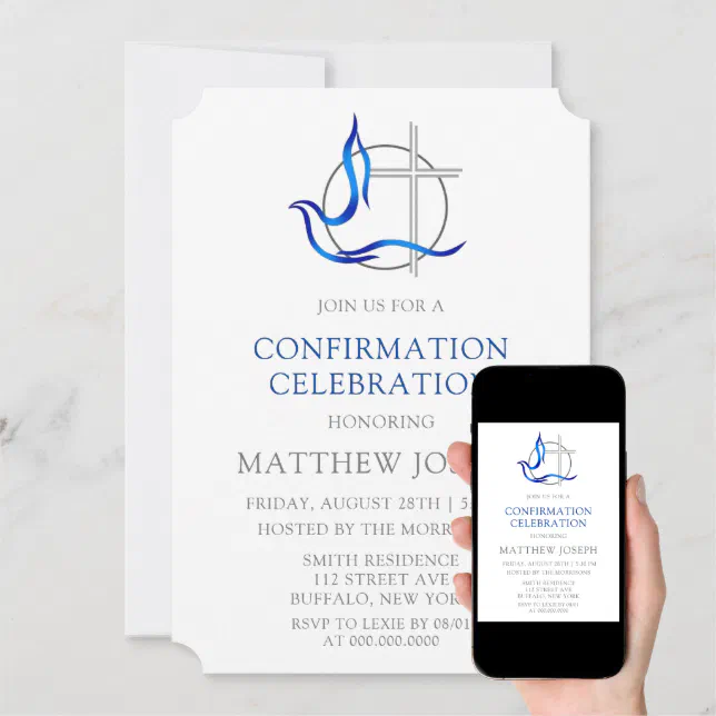 Trendy Blue and Grey Cross Dove Confirmation Invitation | Zazzle