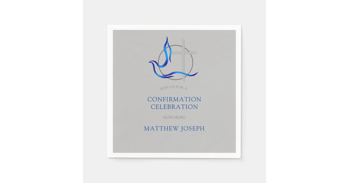 Trendy Blue and Grey Cross Dove Confirmation Napkins | Zazzle