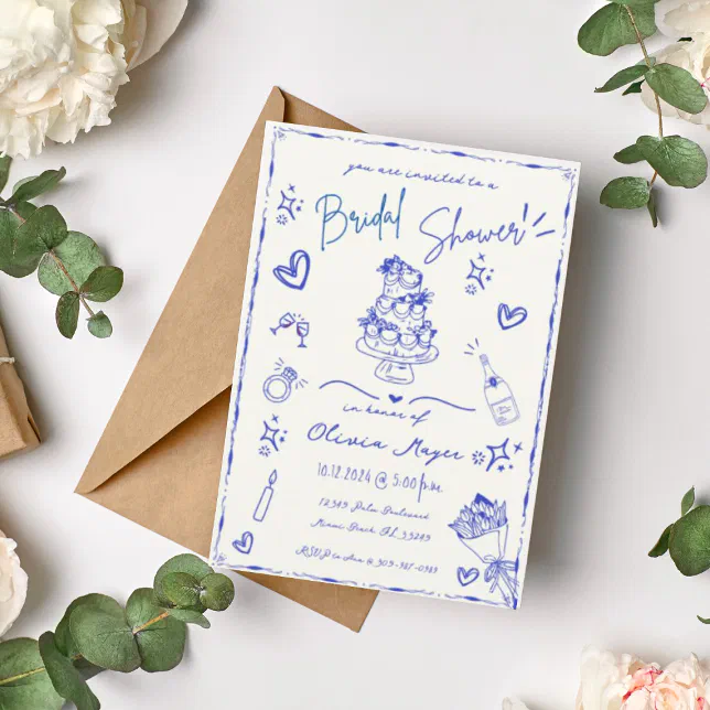 Trendy Blue Hand Drawn Scribble Fun Bridal Shower Invitation | Zazzle