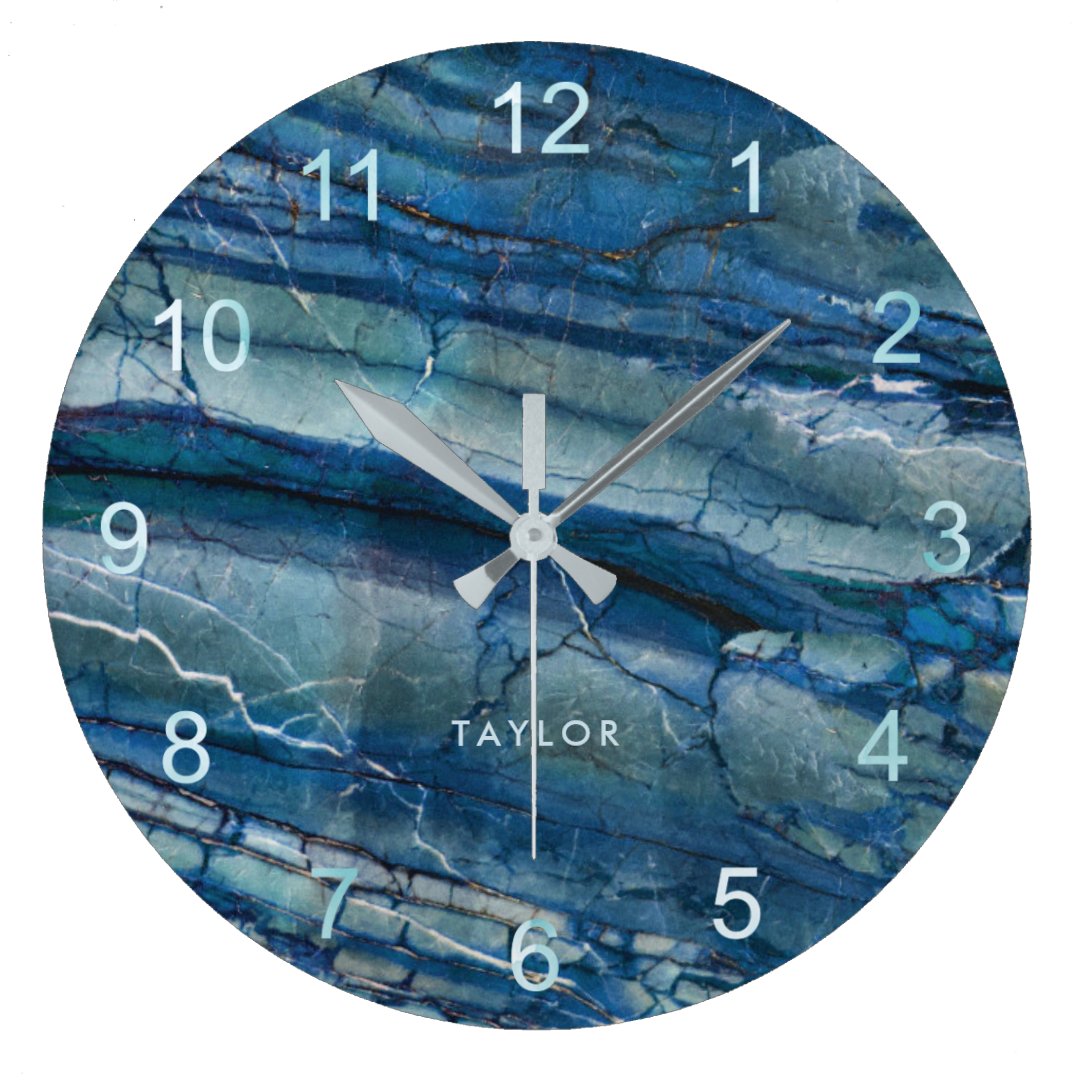 Trendy Blue Marble Look Large Clock | Zazzle