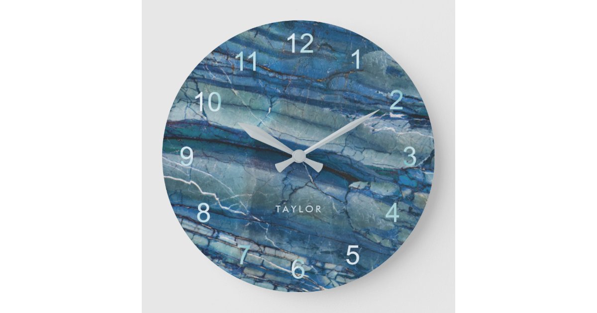 Trendy Blue Marble Look Large Clock | Zazzle