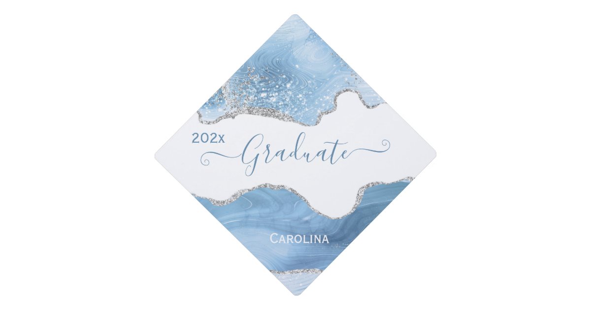 Trendy Blue Silver Agate Personalized Graduation Cap Topper | Zazzle