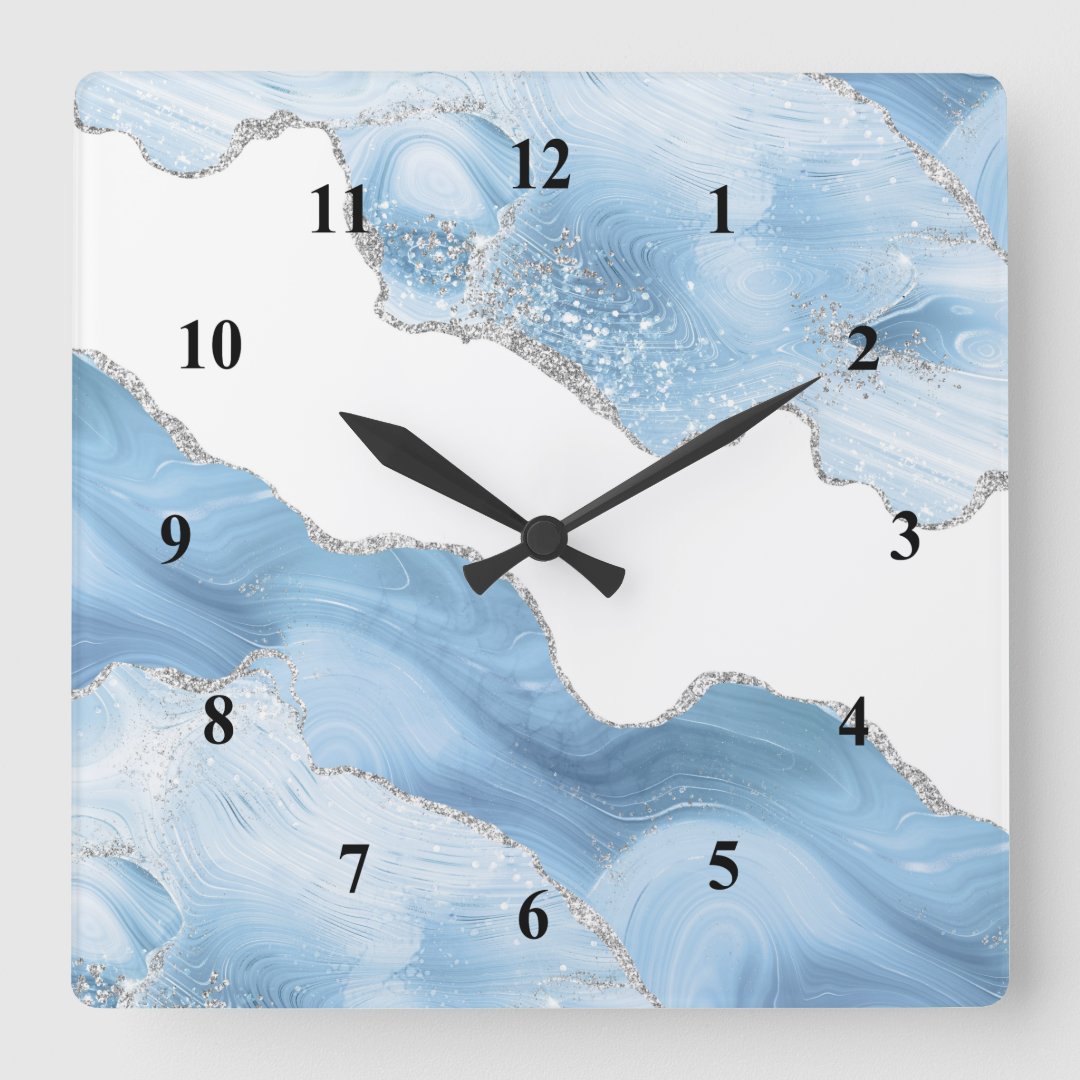 Trendy Blue Silver Agate Square Wall Clock | Zazzle