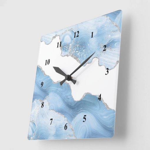 Trendy Blue Silver Agate Square Wall Clock | Zazzle