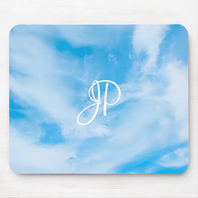 Trendy Blue Sky White Clouds Handwritten Monogram Mouse Pad | Zazzle