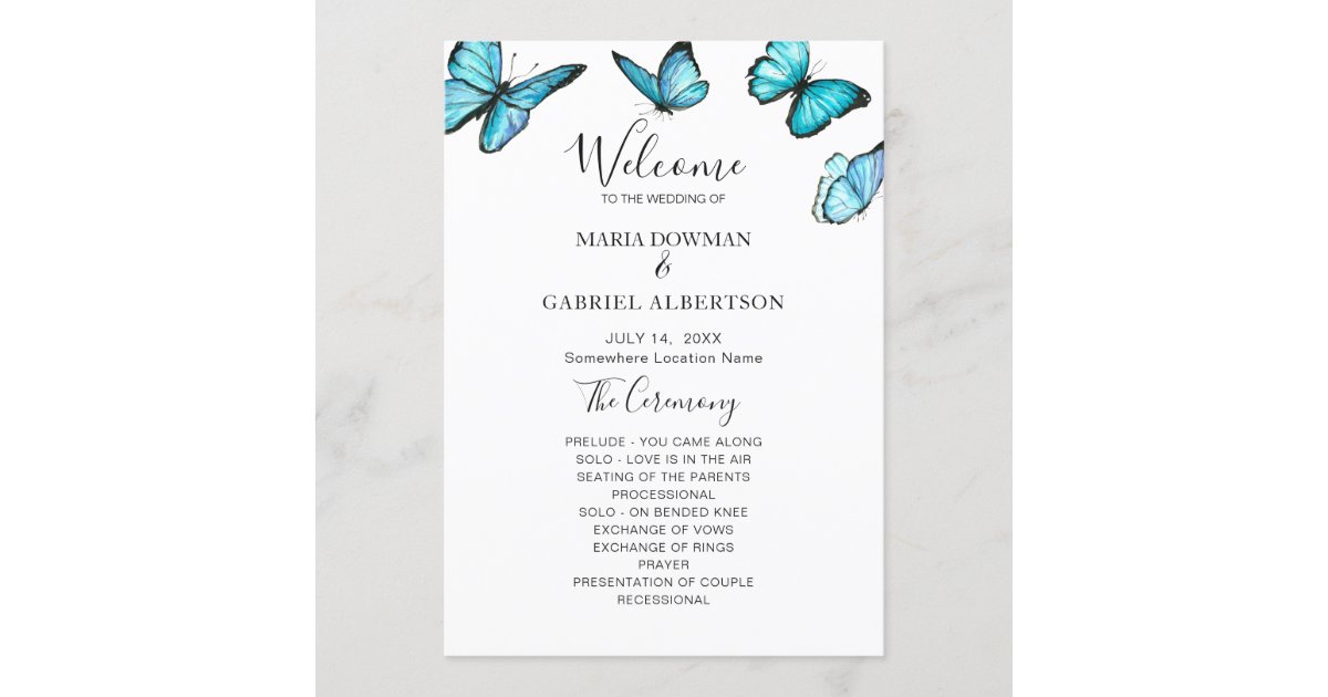 Trendy blue watercolor butterflies. Nature Wedding Program | Zazzle