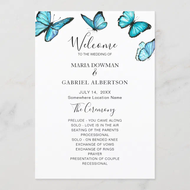 Trendy blue watercolor butterflies. Nature Wedding Program | Zazzle