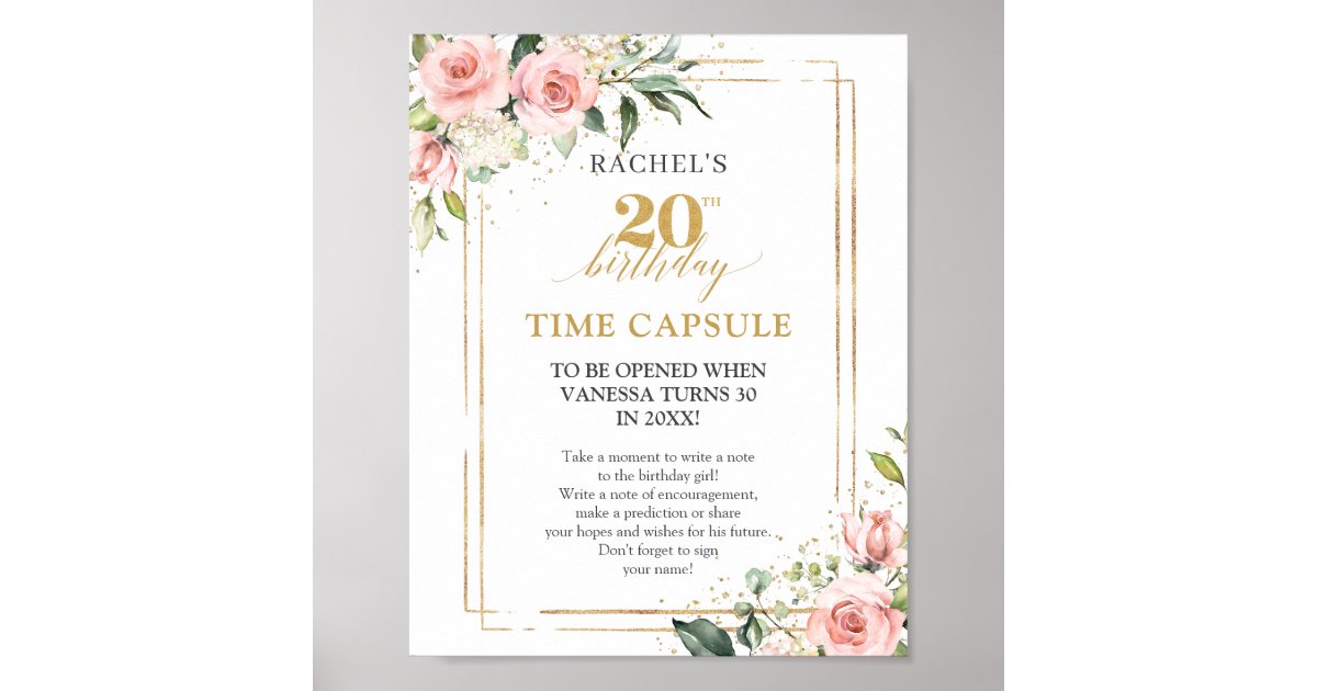 Trendy blush floral gold sparkles Time capsule Poster | Zazzle
