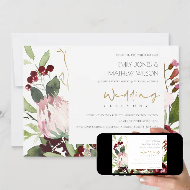 TRENDY BLUSH PINK BURGUNDY PROTEA FLORAL WEDDING INVITATION | Zazzle