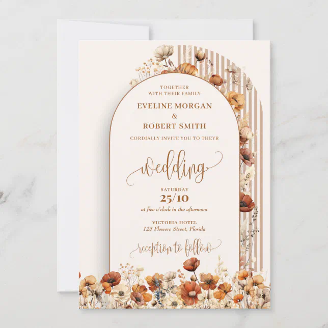 Trendy boho arch dried terracotta wildflowers rust invitation | Zazzle