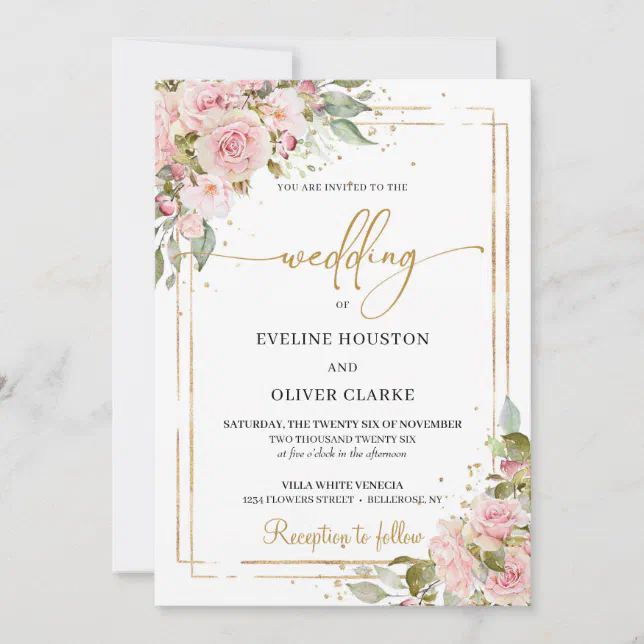 Trendy Boho dusty pink roses gold geometric frame Invitation | Zazzle