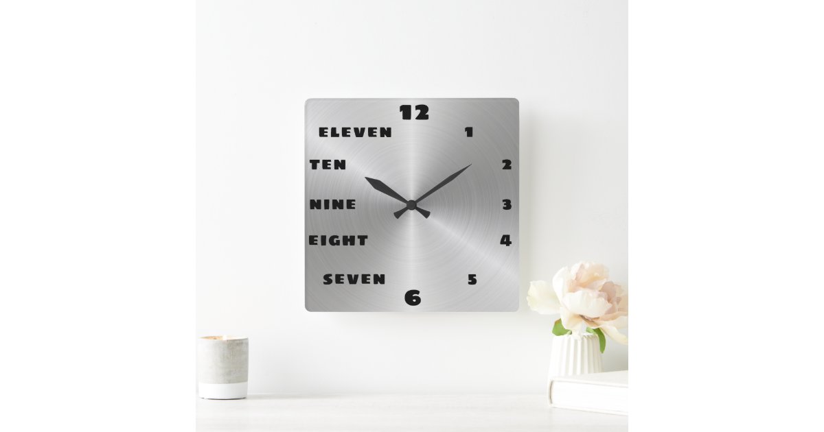 Trendy Brushed Steel Black Letter Number Face Square Wall Clock | Zazzle