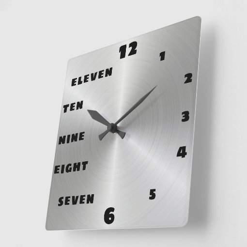 Trendy Brushed Steel Black Letter Number Face Square Wall Clock | Zazzle