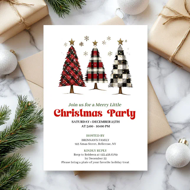 Trendy buffalo plaid Christmas tree editable Invitation | Zazzle