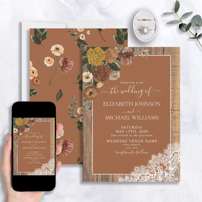 Trendy Burnt Orange Rustic Wood Script Wedding Invitation | Zazzle