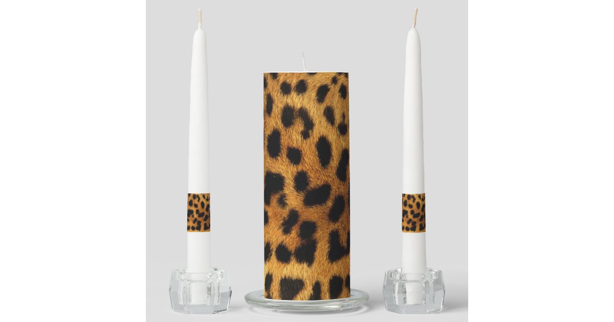 trendy chic animal pattern brown leopard print unity candle set | Zazzle