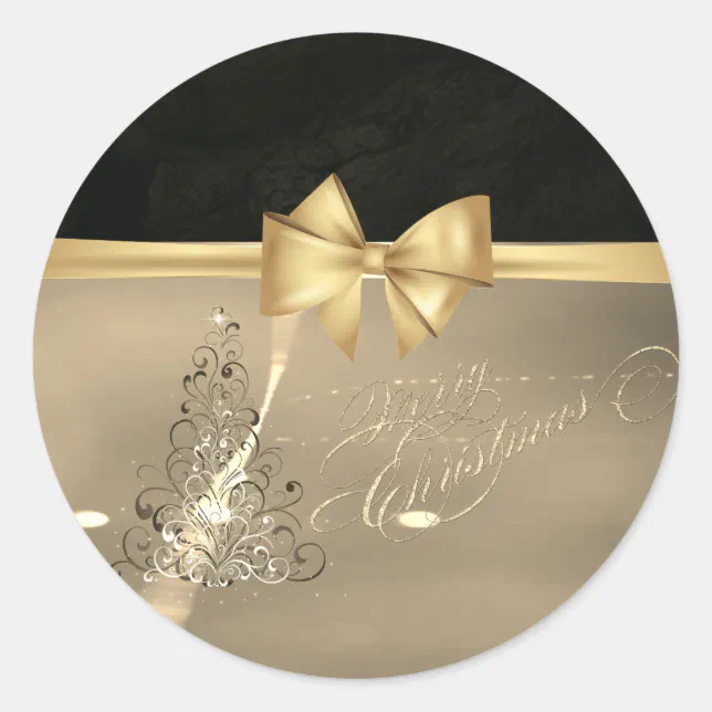 Trendy Christmas Tree ,Faux Gold Bow Classic Round Sticker | Zazzle