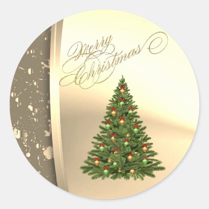 Trendy Christmas Tree ,Faux Gold Classic Round Sticker | Zazzle