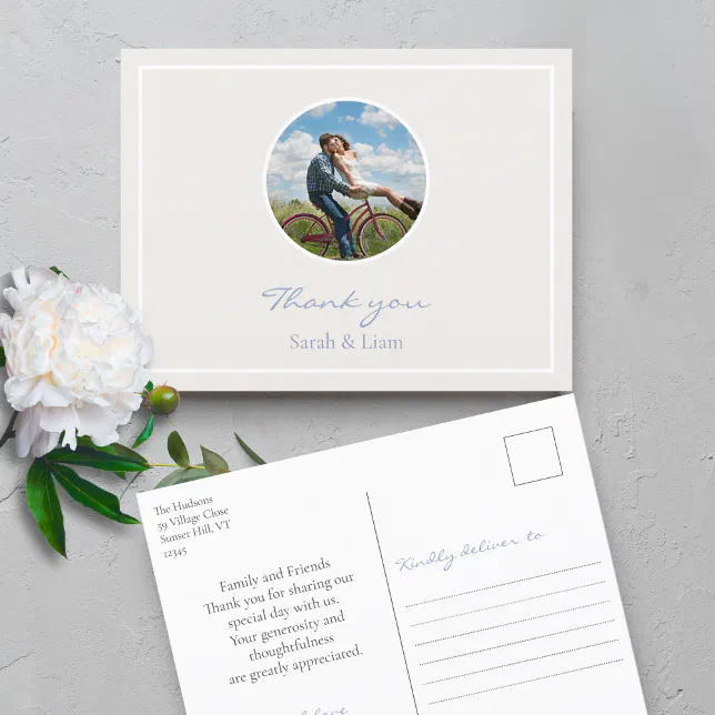 Trendy Circle Couple Photo Wedding Thank You Postcard | Zazzle