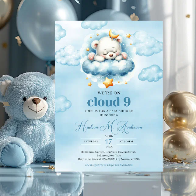 Trendy cloud nine teddy bear Boy Baby Shower Invitation | Zazzle