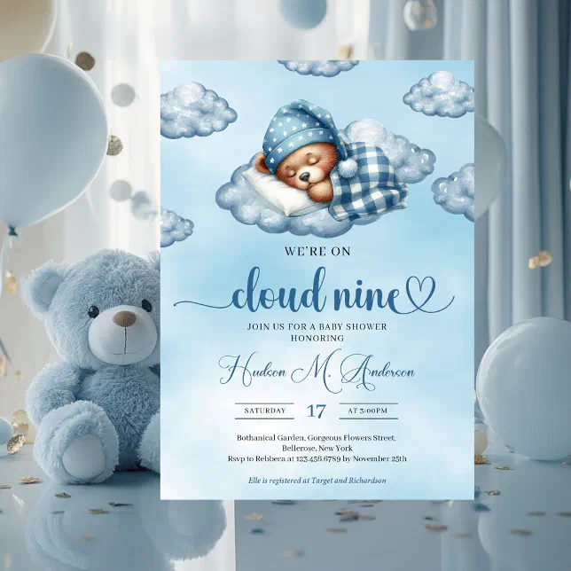 Trendy cloud nine teddy bear Boy Baby Shower Invitation | Zazzle