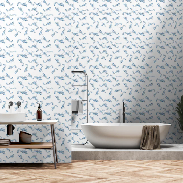 Trendy Coastal Aesthetic Indigo Blue Shrimp Toile Wallpaper | Zazzle