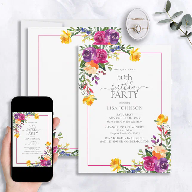 Trendy Colorful Floral Typography 50th Birthday Invitation | Zazzle