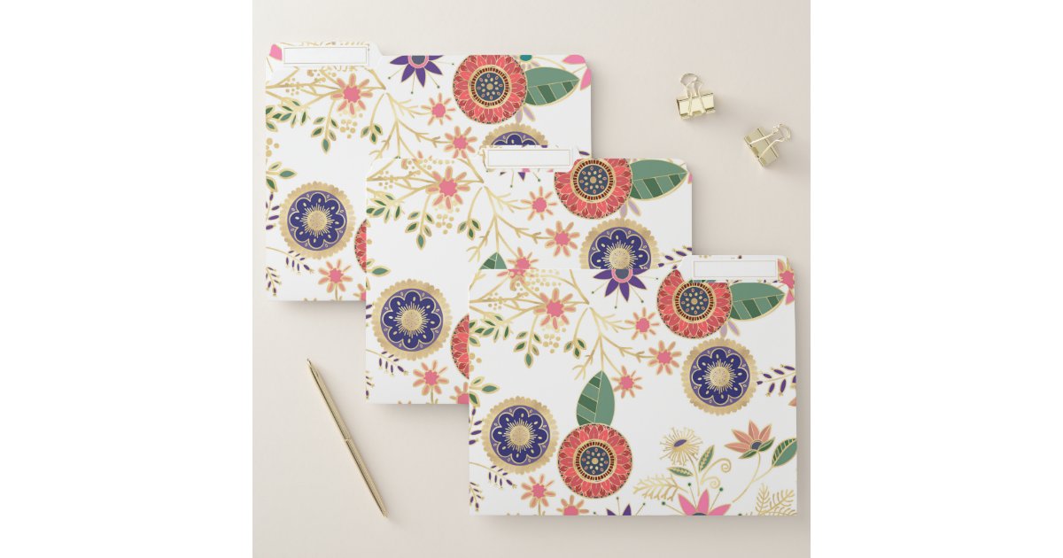Trendy Colorful Folk Floral Original Golden Design File Folder | Zazzle
