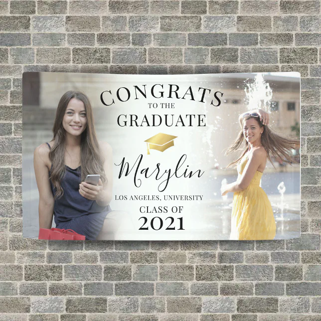 Trendy Congrats 2 Photo Graduation Party Banner | Zazzle