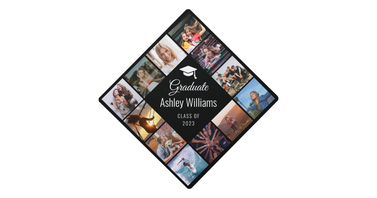 Trendy Custom Photo Collage Cute Script Black Graduation Cap Topper ...