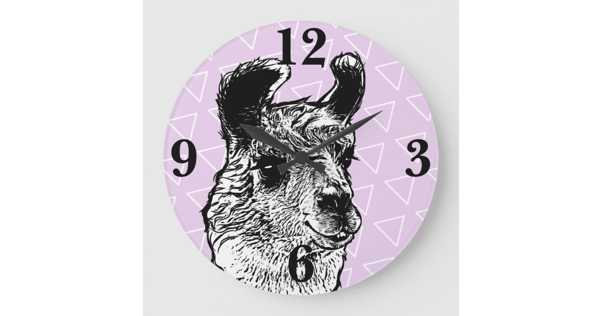 Trendy Cute Llama Illustration & Triangles Large Clock | Zazzle
