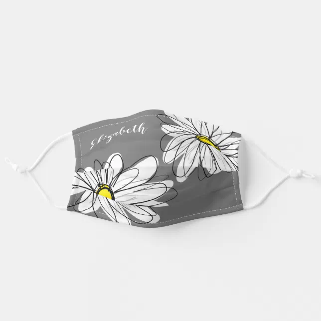 Trendy Daisy Floral Illustration - gray and yellow Adult Cloth Face ...