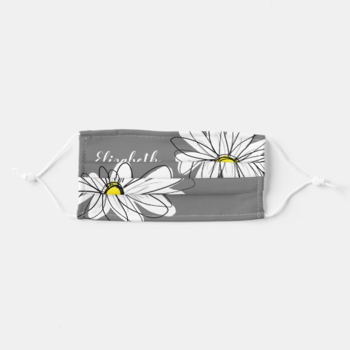 Trendy Daisy Floral Illustration - gray and yellow Adult Cloth Face ...
