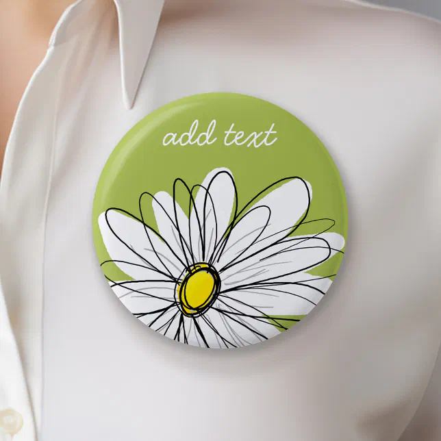 Trendy Daisy Floral Illustration - lime and yellow Button | Zazzle