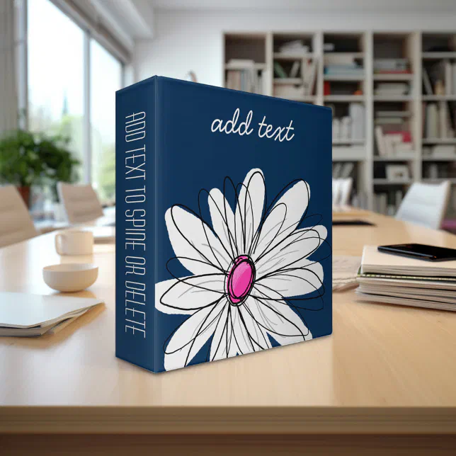 Trendy Daisy Floral Illustration - navy and pink Binder | Zazzle
