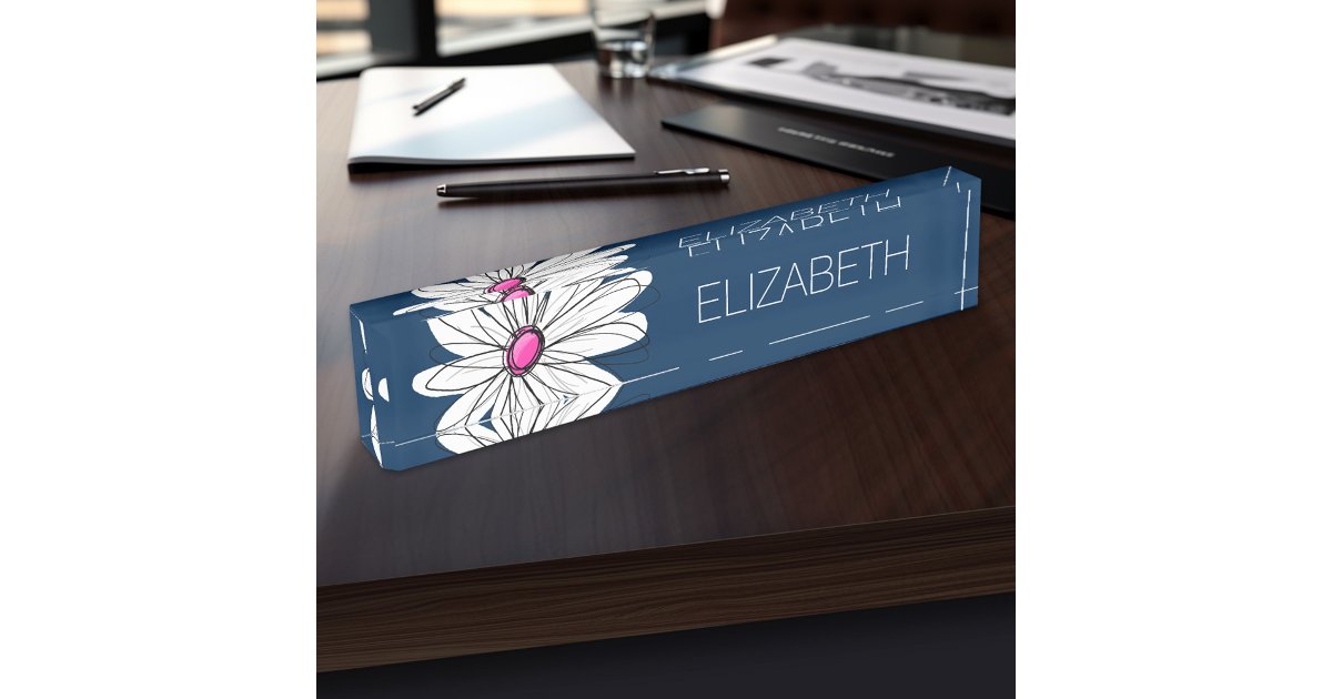 Trendy Daisy Floral Illustration - navy and pink Nameplate | Zazzle