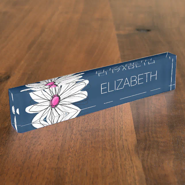 Trendy Daisy Floral Illustration - navy and pink Nameplate | Zazzle