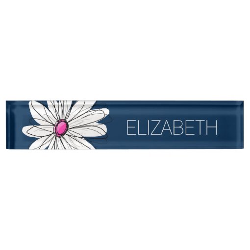 Trendy Daisy Floral Illustration - navy and pink Nameplate | Zazzle